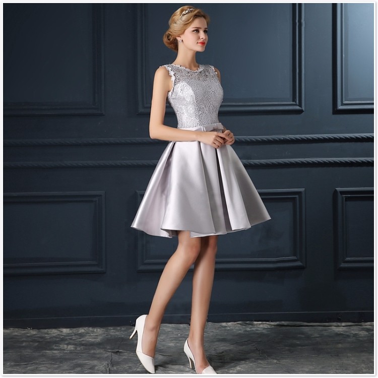 Mini Lace Prom Dress Customized Fashion O-neck Lace-up Back Satin A ...