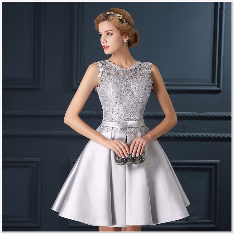 Mini Lace Prom Dress Customized Fashion O-neck Lace-up Back Satin A ...